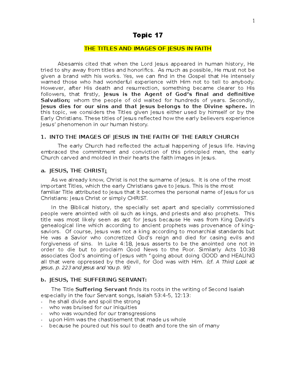 Topic 17 The Images of Jesus - Topic 17 THE TITLES AND IMAGES OF JESUS ...