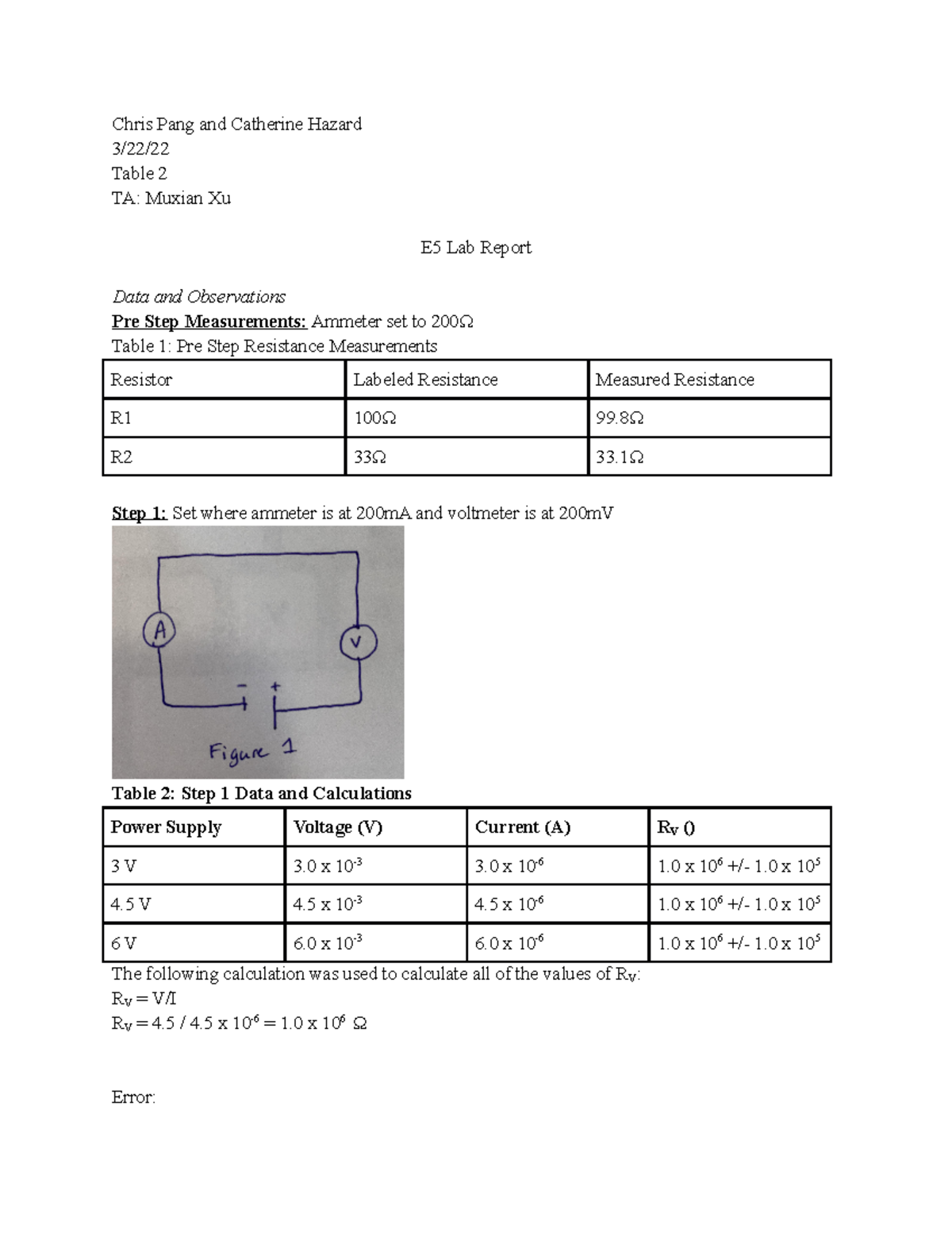 E5 Lab Report - physics II lab - Chris Pang and Catherine Hazard 3/22 ...