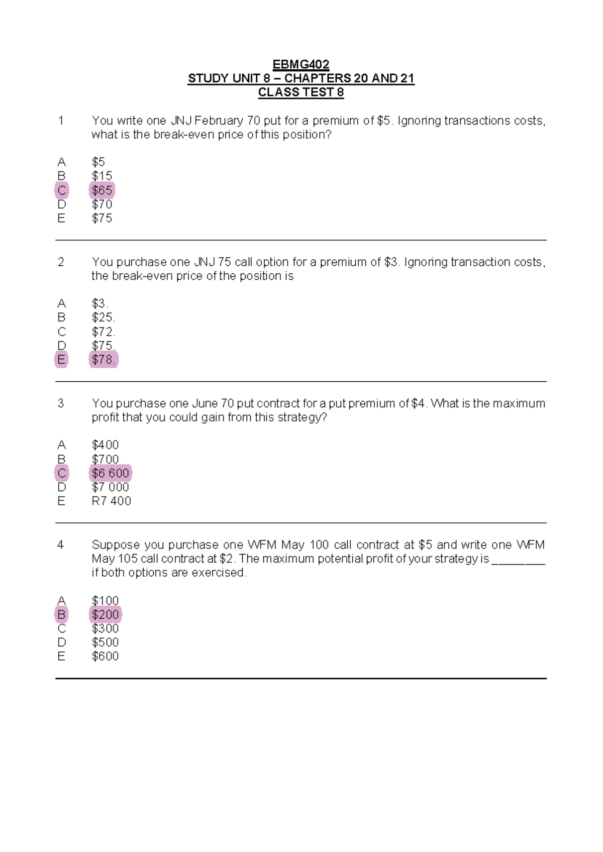 2023 Class test 8 Questions - EBMG STUDY UNIT 8 – CHAPTERS 20 AND 21 ...