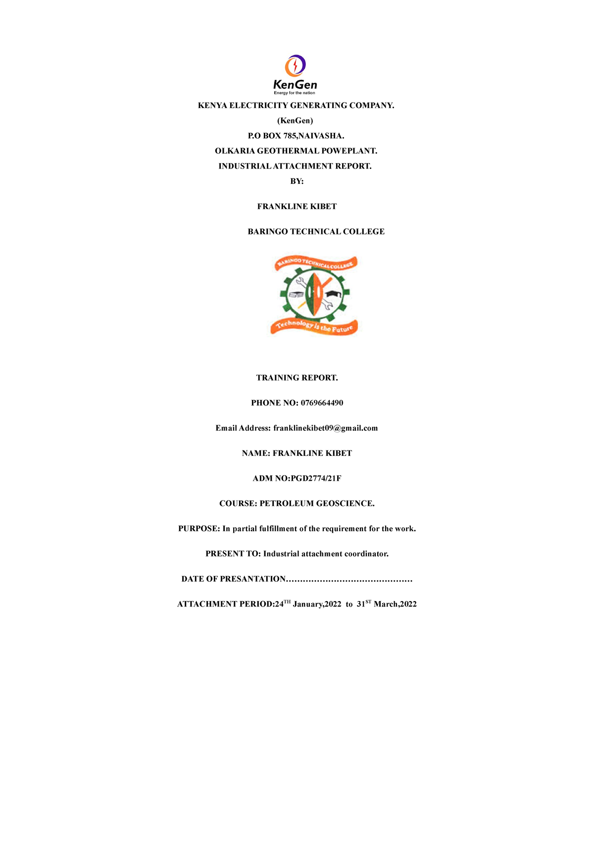 Attachment at Kengen submitted on the 31st of March 2022 - KENYA ...