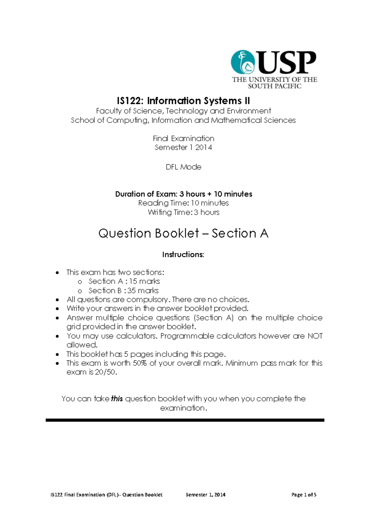 IS122 Exam - nmbsufh - IS122 Final Examination (DFL) - Question Booklet ...