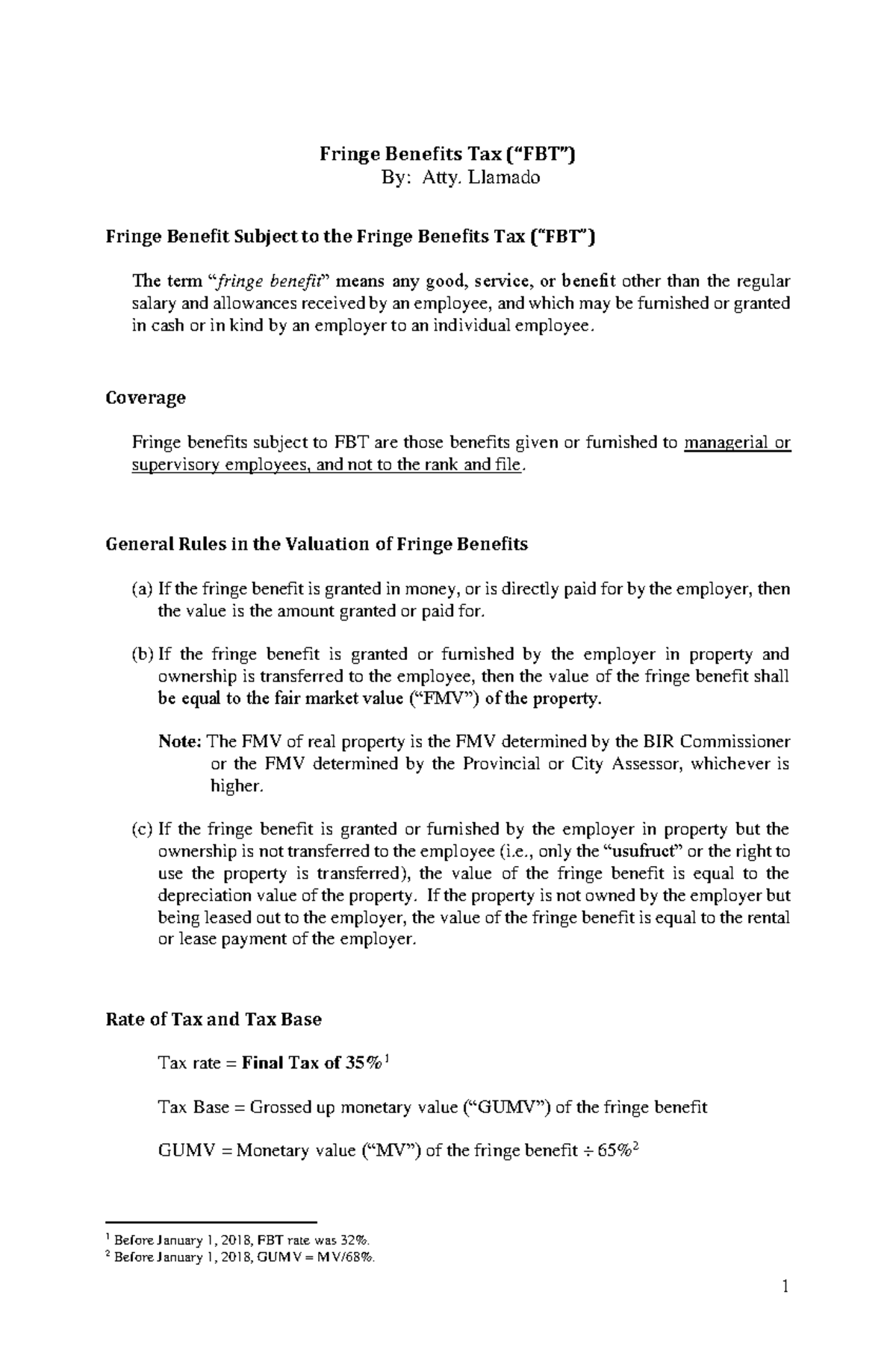 Fringe Benefits Handout _BS Accountancy - Business Taxation - Studocu