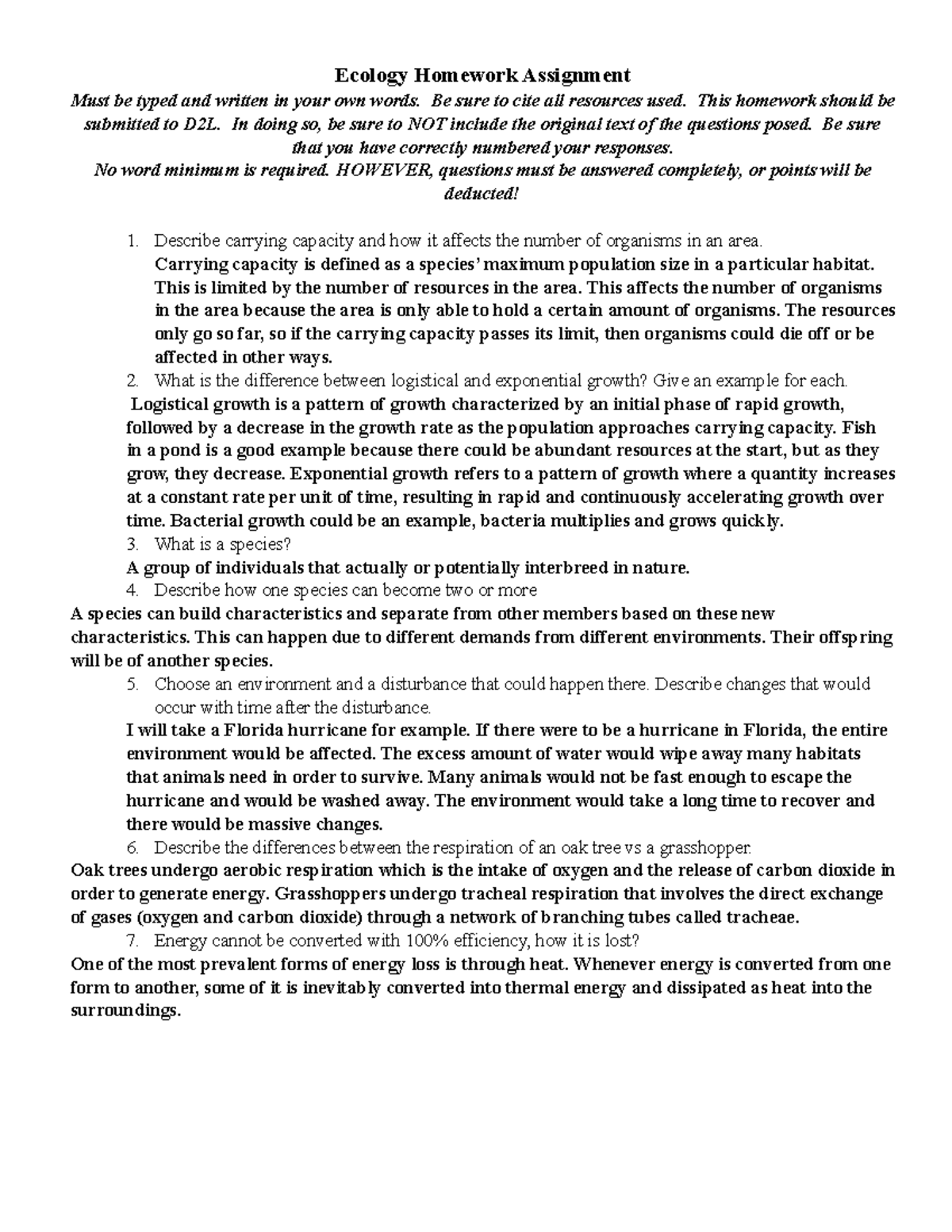 Ecology- sam fisher - Ecology Homework Assignment Must be typed and ...