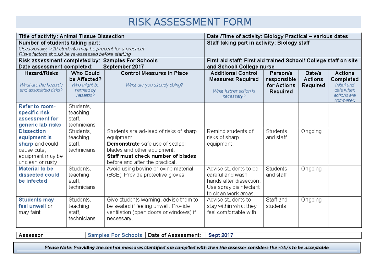 RISK Assessment FORM Dissection - RISK ASSESSMENT FORM Title of ...