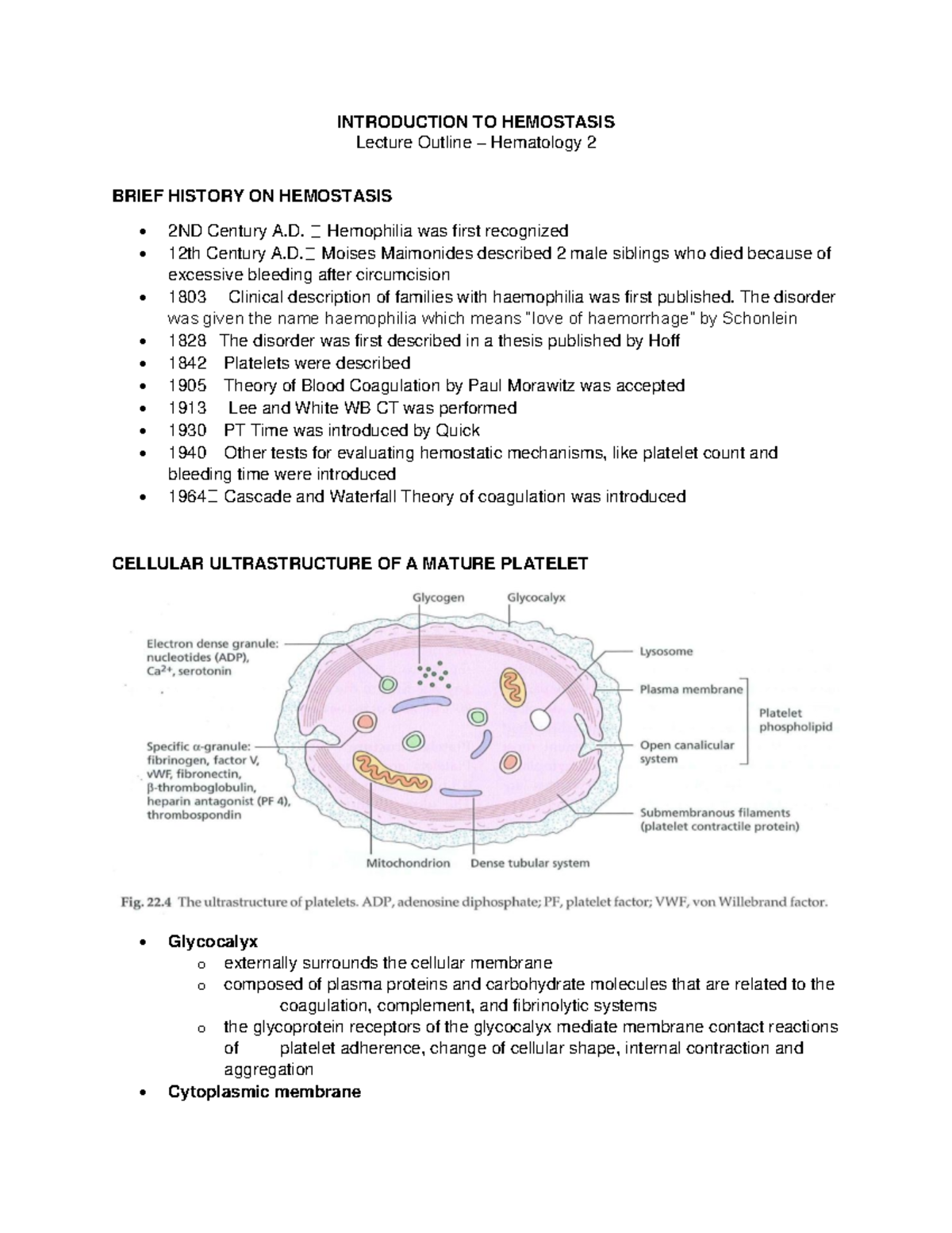 Introduction TO Hematology 2 - INTRODUCTION TO HEMOSTASIS Lecture ...