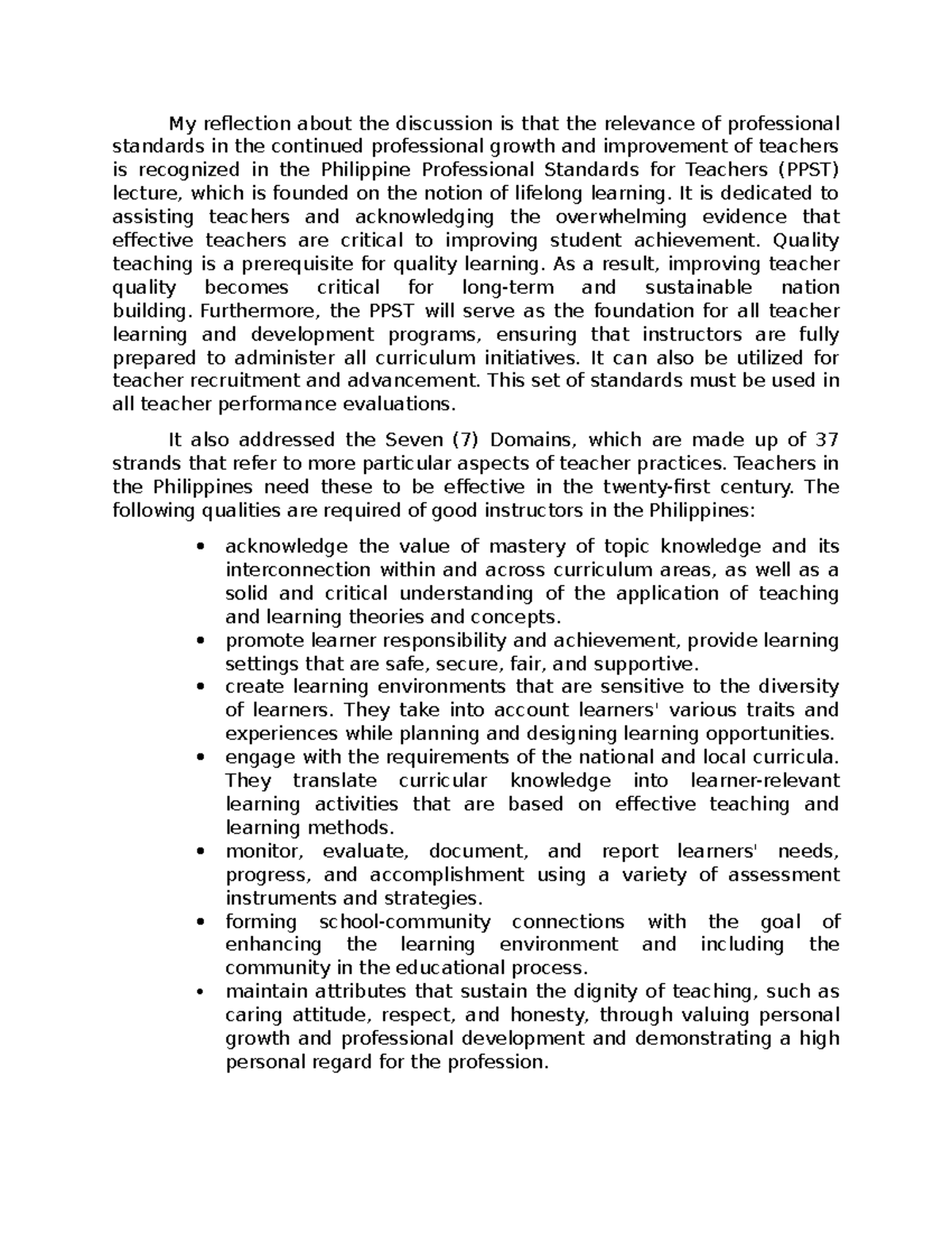 Reflection About The Philippine Professional Standards For Teachers