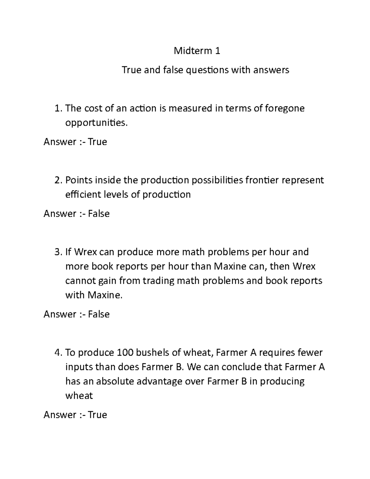 Midterm 1 True And False With Answers Midterm 1 True And False Questions With Answers The Cost