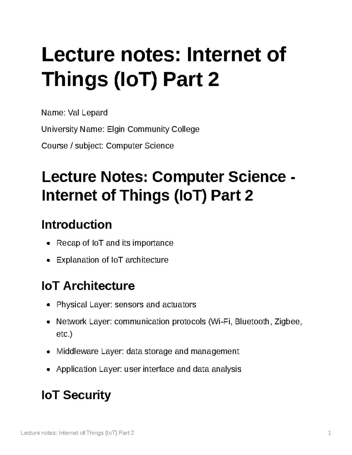 Lecture notes Internet of Things (Io T) Part 2 - Lecture notes ...
