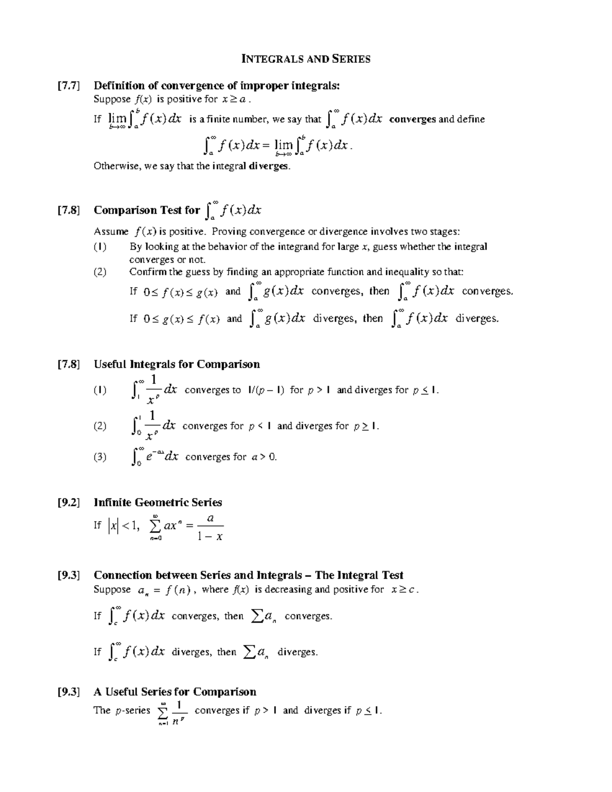 Ch9 more convergence tests - INTEGRALS AND SERIES Definition of ...