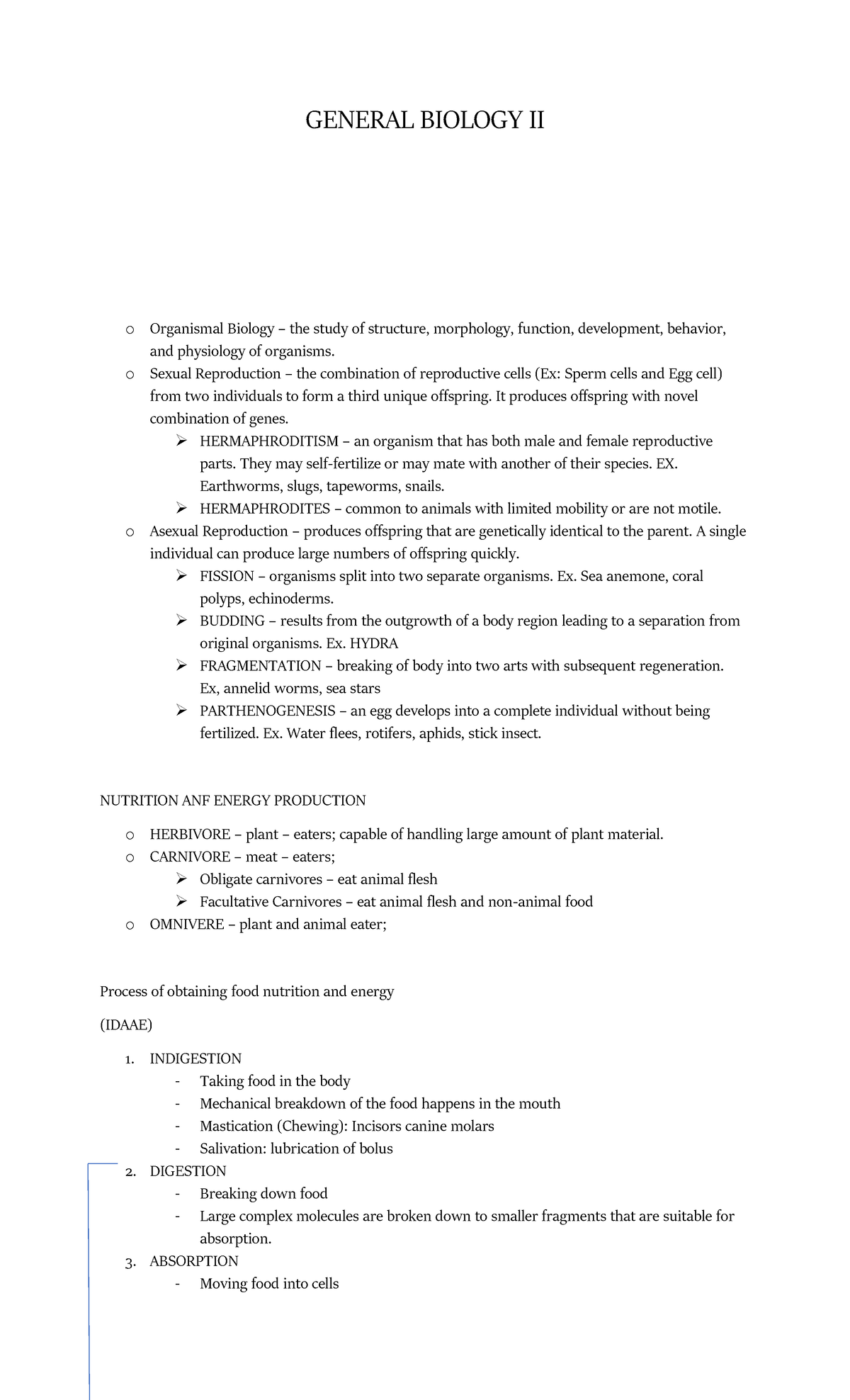 Biology Notes 3 - GENERAL BIOLOGY II o Organismal Biology – the study ...