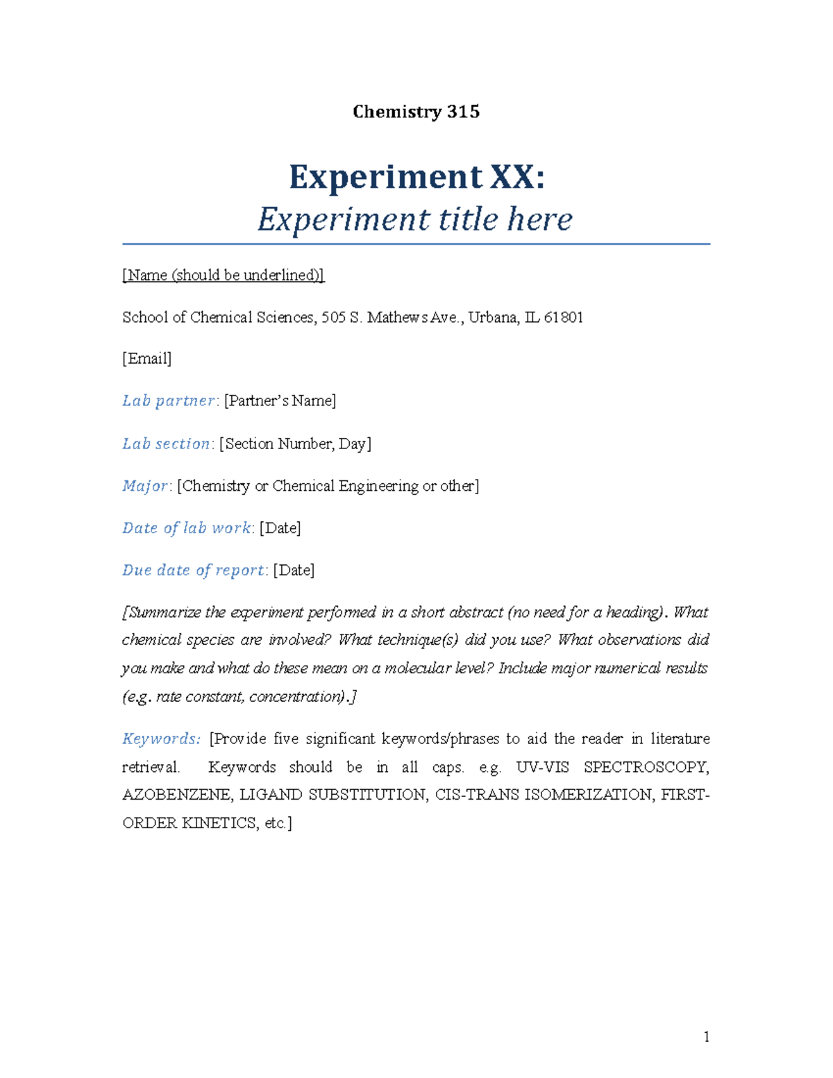 Lab Report Template - Chemistry 315 Experiment XX: Experiment title ...