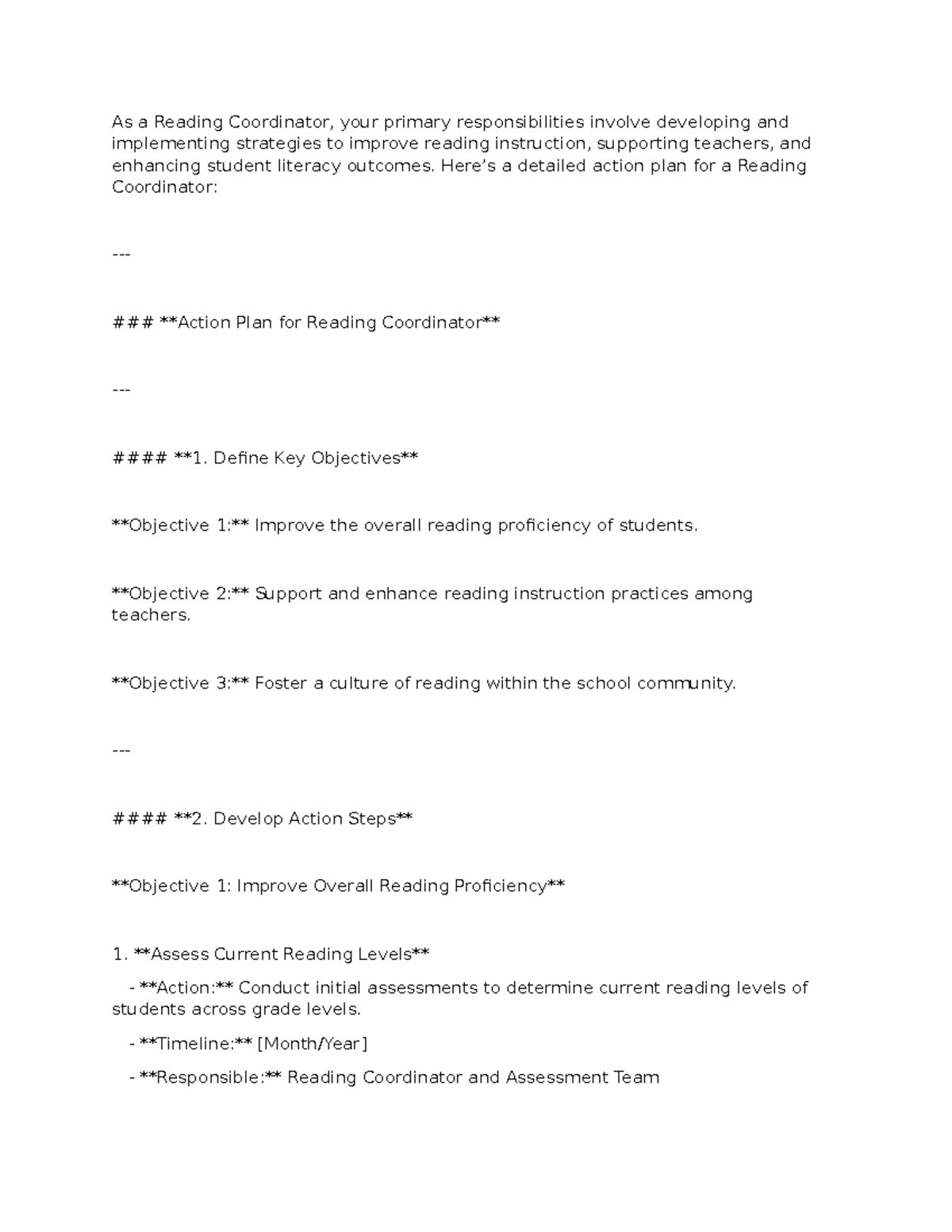 Action PLAN As a Reading Coordinator - As a Reading Coordinator, your ...