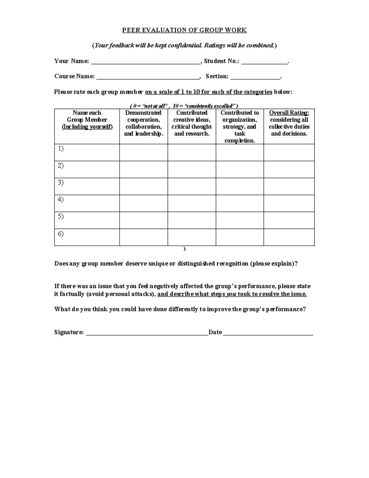 PEER Evaluation OF Group WORK - PEER EVALUATION OF GROUP WORK (Your ...