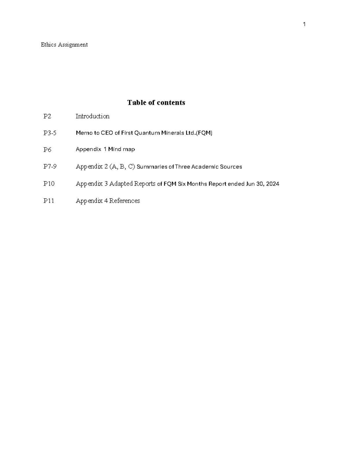 Ethics Analysis - Ethics Assignment Table of contents P 2 Introduction P 3 - 5 Memo to CEO of ...