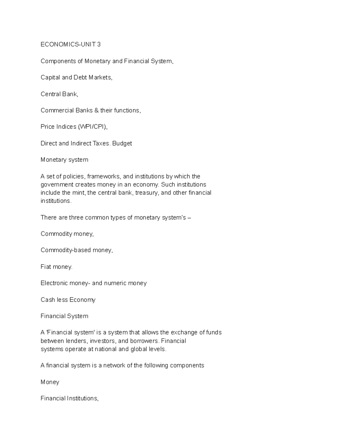 Components of Monetary and Financial System (Economics Unit 3 ...