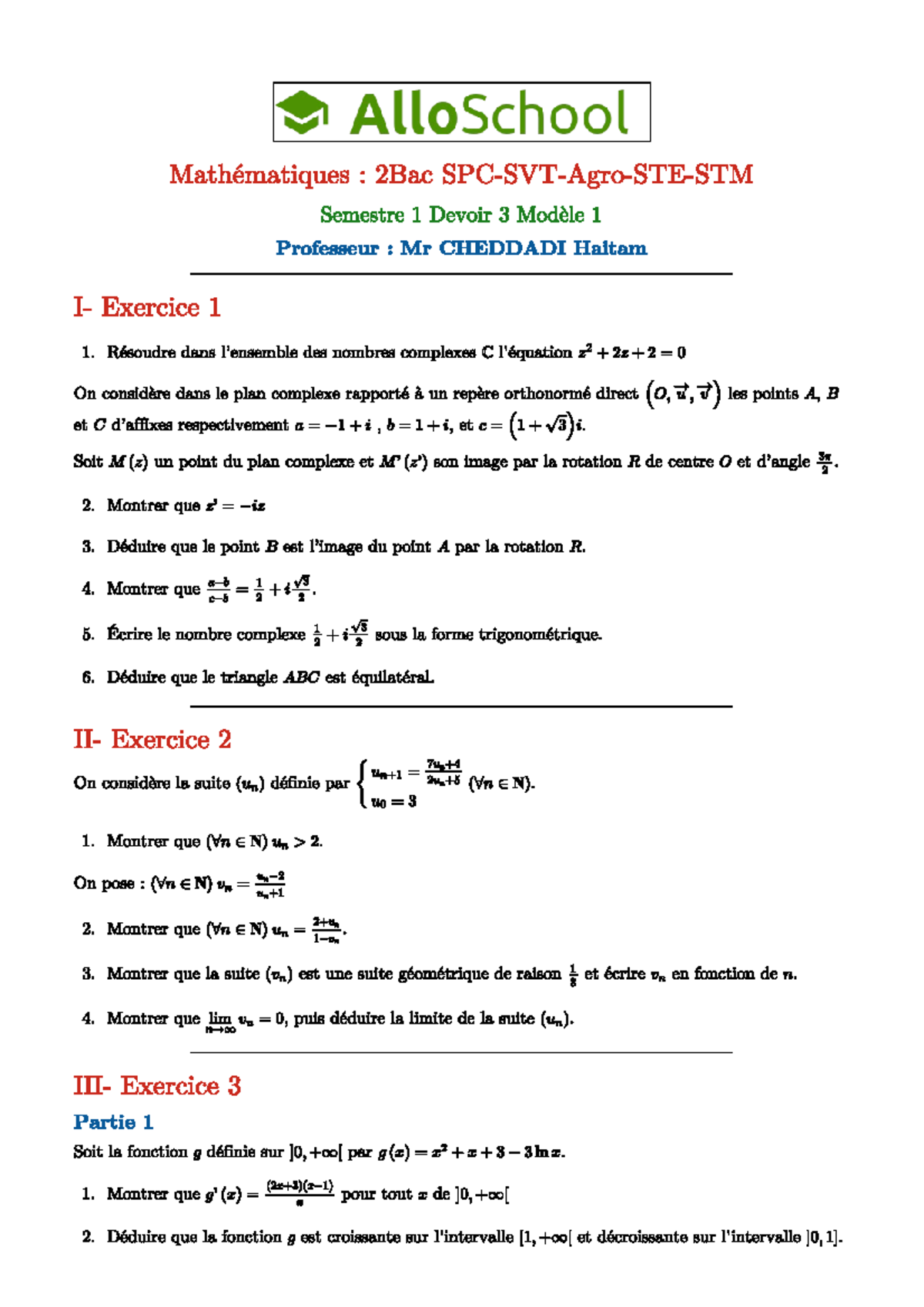 Math 2bac spc semestre 1 devoir 3 modele 1 - mathematique - Studocu