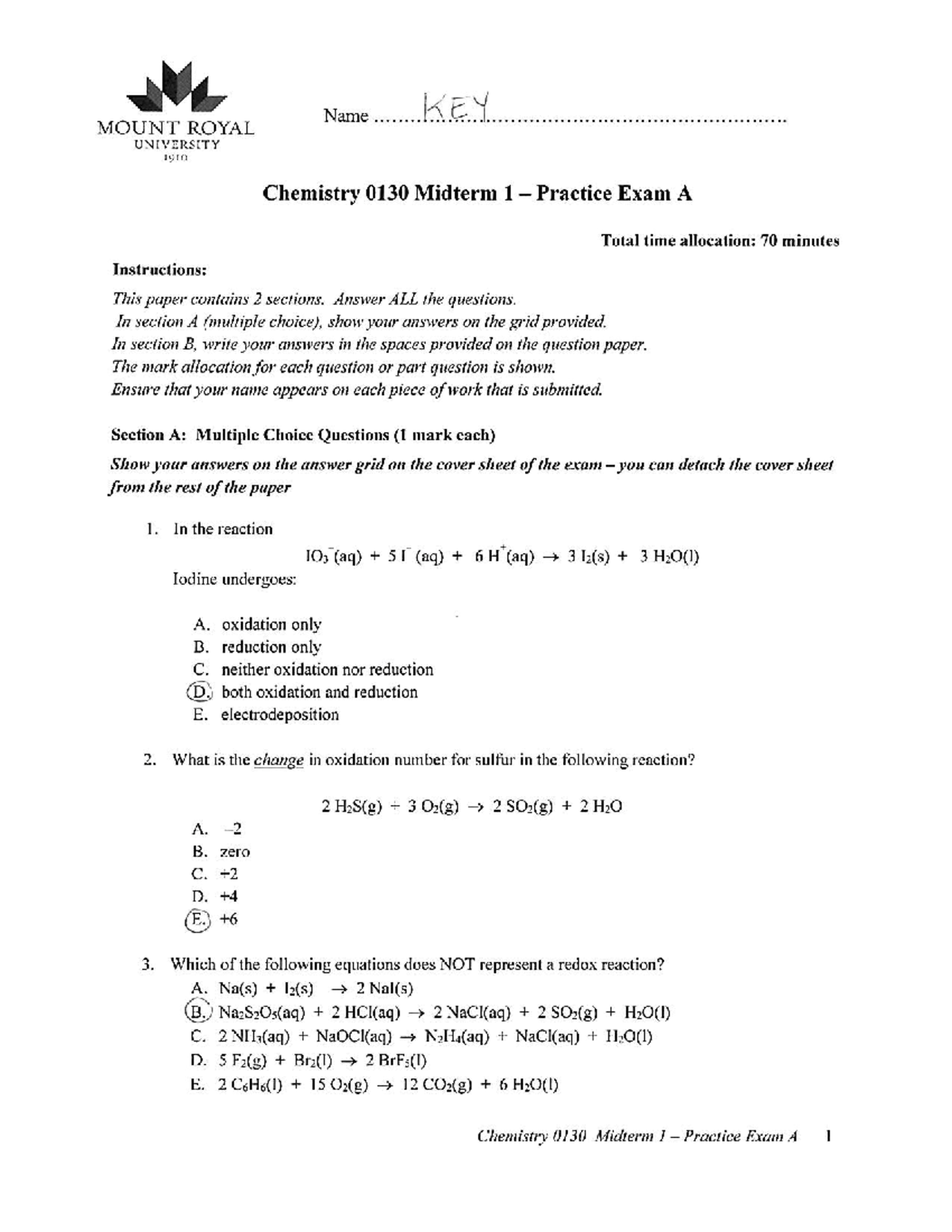 Midterm 1 - Practice Exam A KEY - Chem 0130 - Studocu