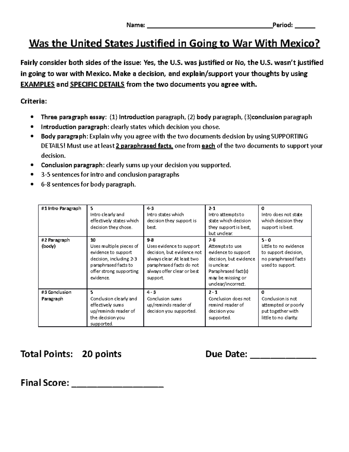 19 U.S vs Mexico Rubric - sped sped sped - Name ...