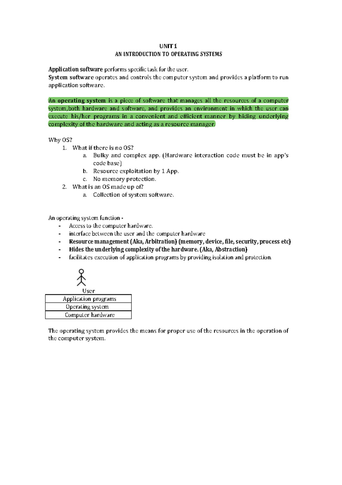 Os Full Notes Unit 1 An Introduction To Operating Systems Application Software Performs