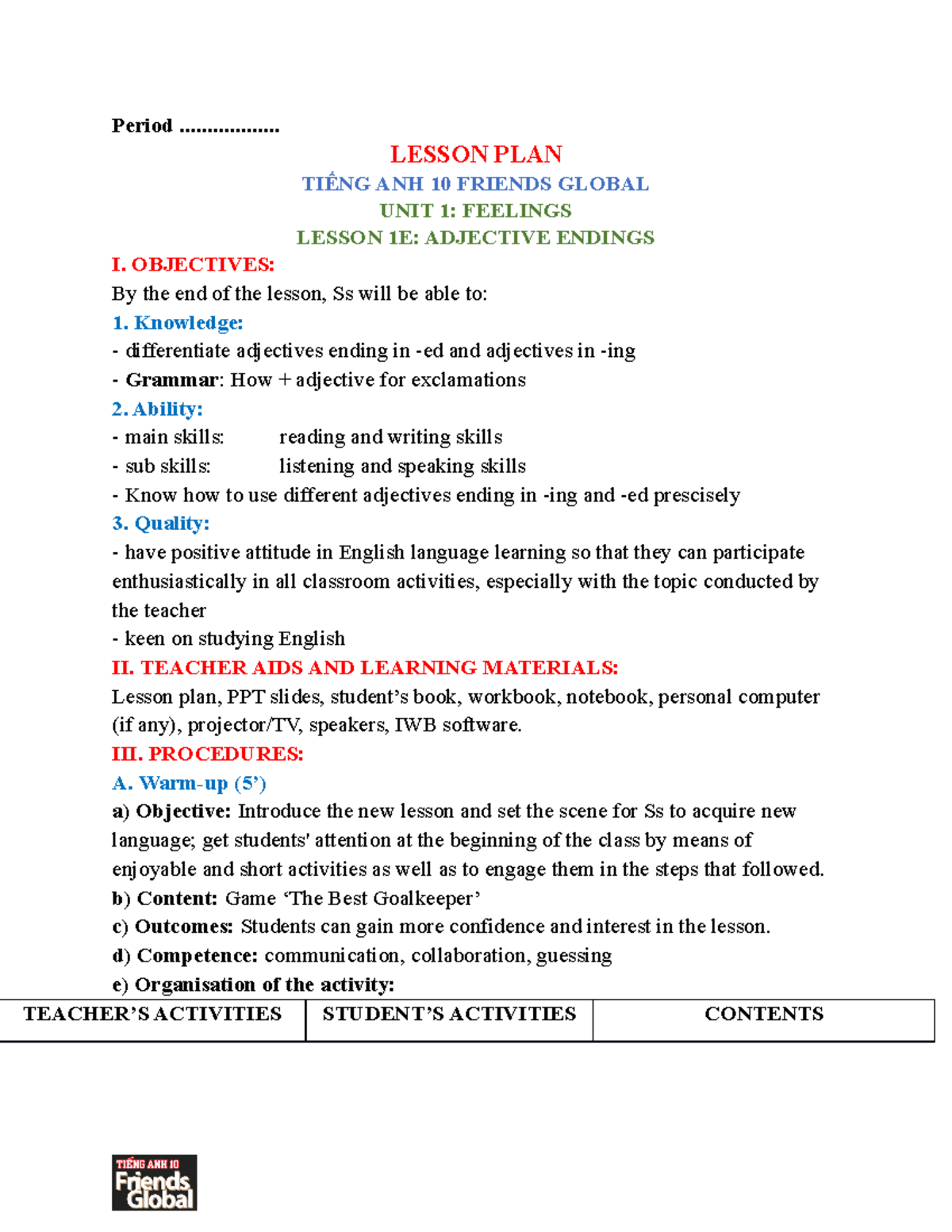 Lessonplan-1E - Period .................. LESSON PLAN TIẾNG ANH 10 ...