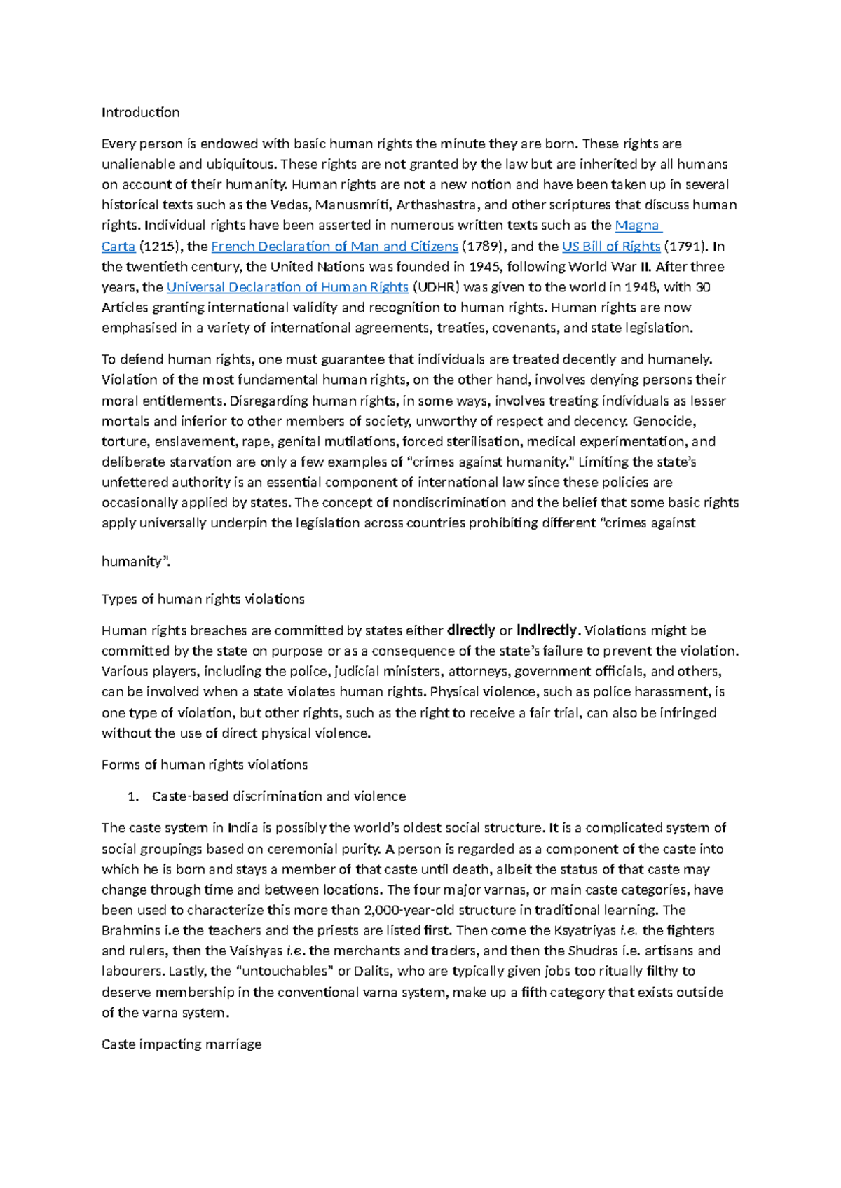 Human right assignment - Introduction Every person is endowed with ...