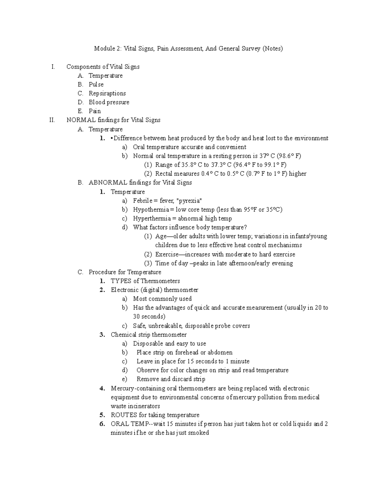 Module 2 Vital Signs, Pain Assessment, And General Survey (Notes ...