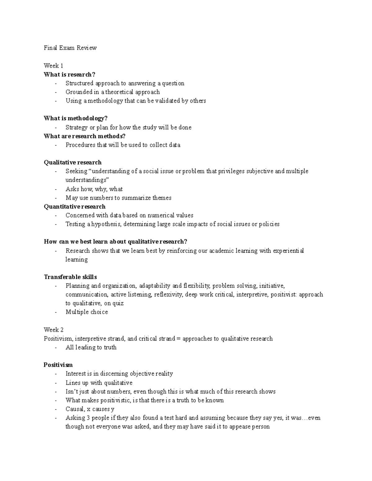 Final Exam Review - Final Exam Review Week 1 What is research ...