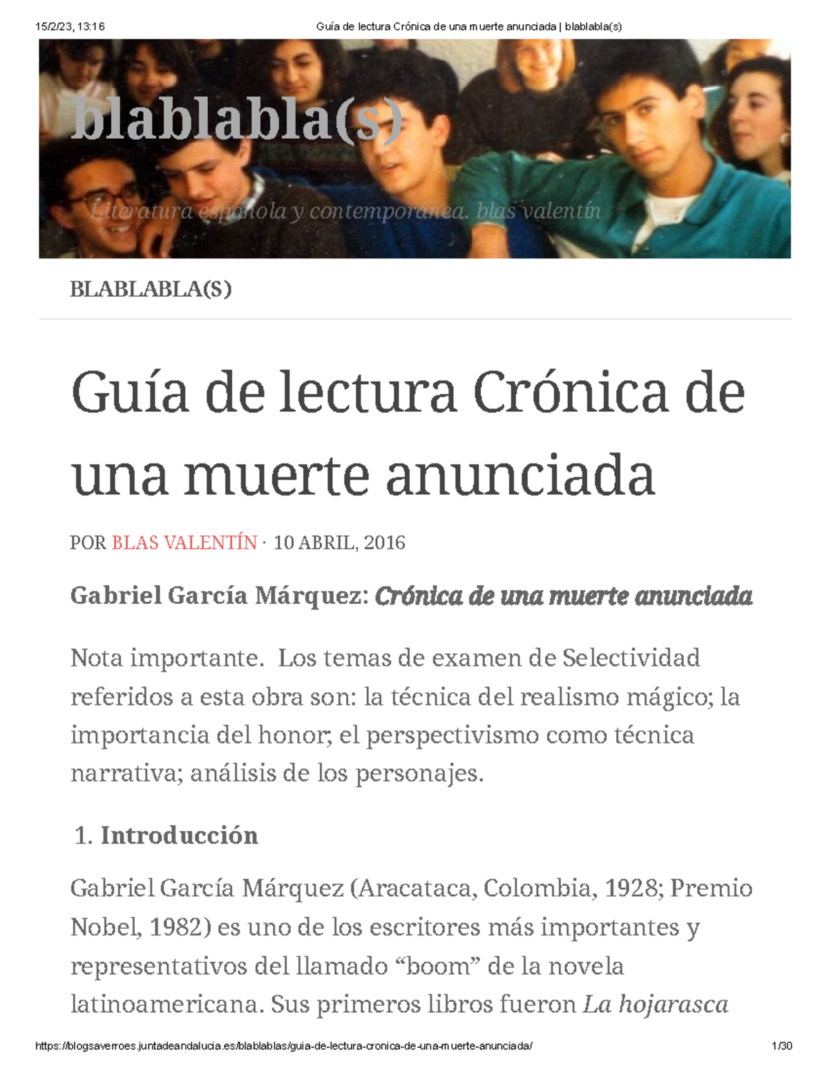 Guía de lectura Crónica de una muerte anunciada blablabla(s ...