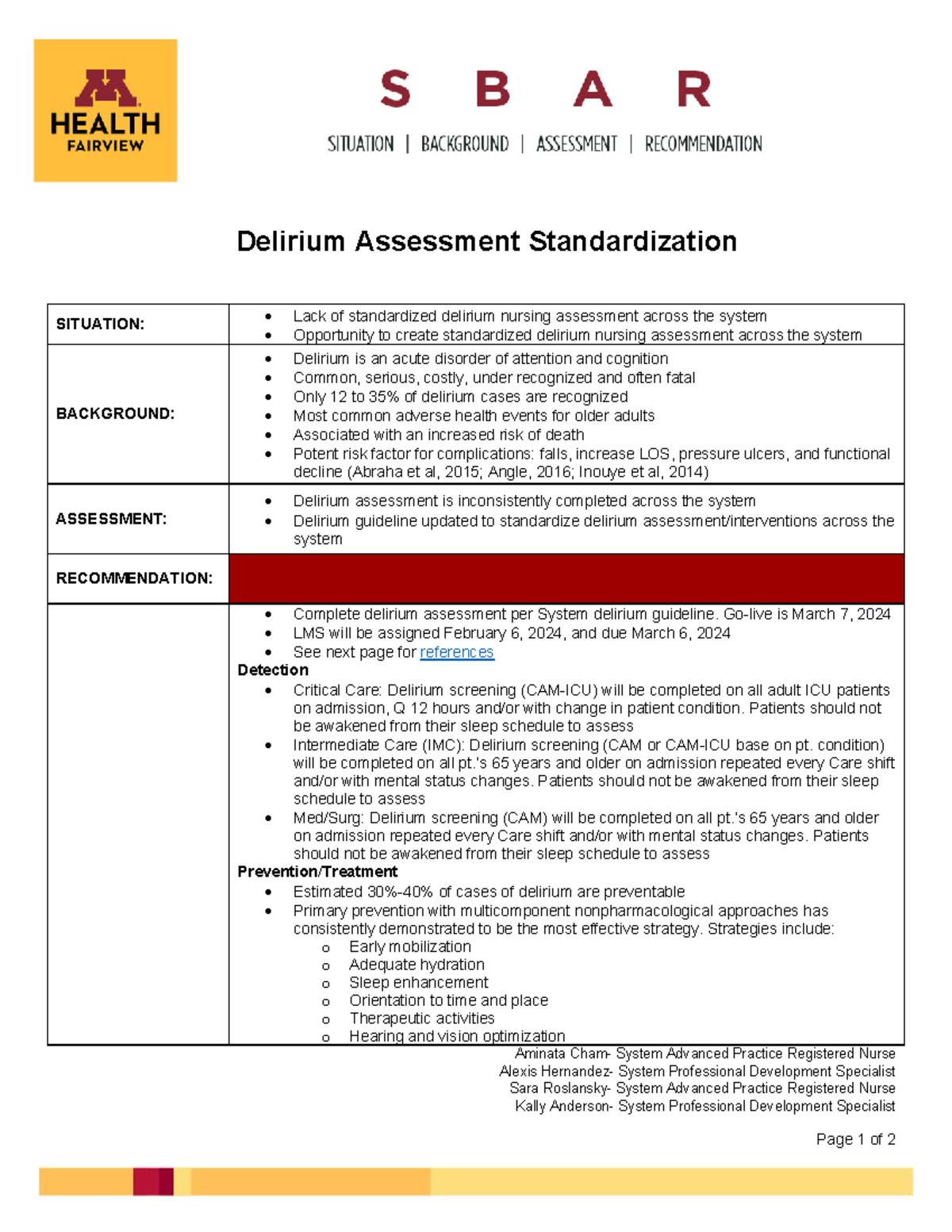 Practice SBAR - Delirium Assessment Standardization 31 Jan 2024 - Page ...