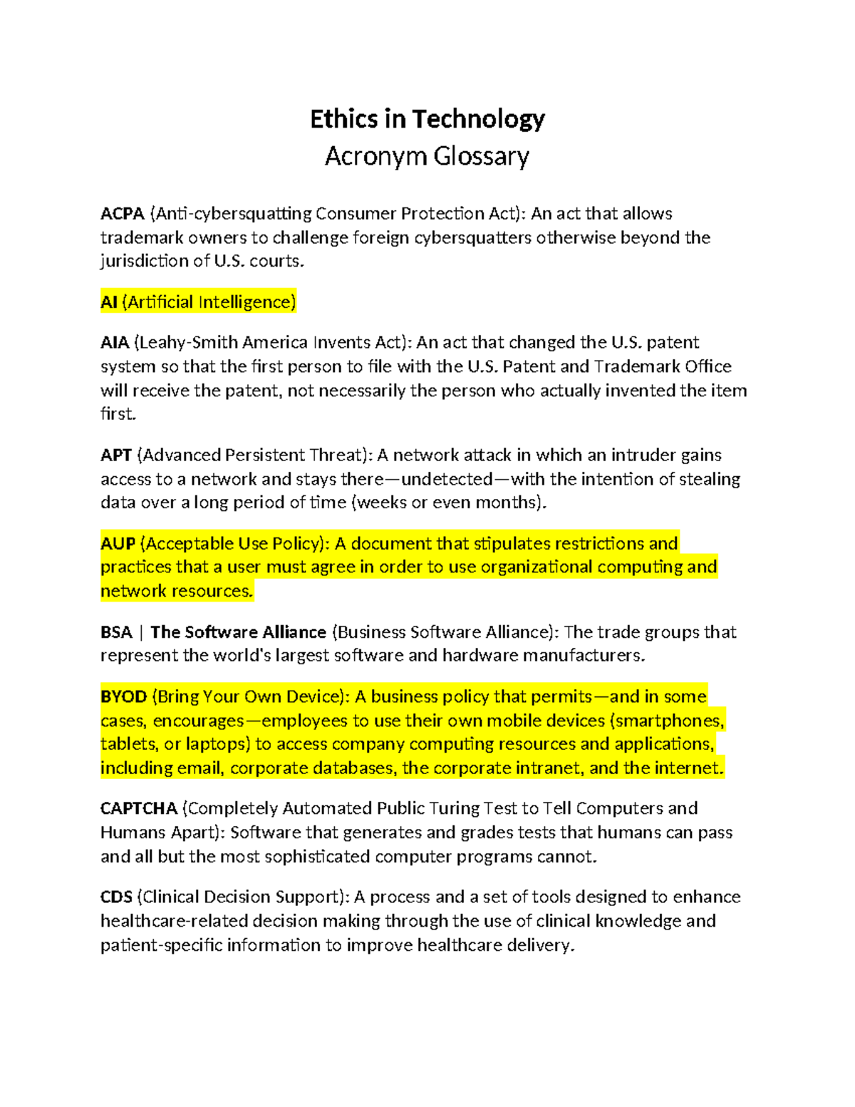 Tech Ethics Acronym Glossary (highlighted) - Ethics in Technology ...