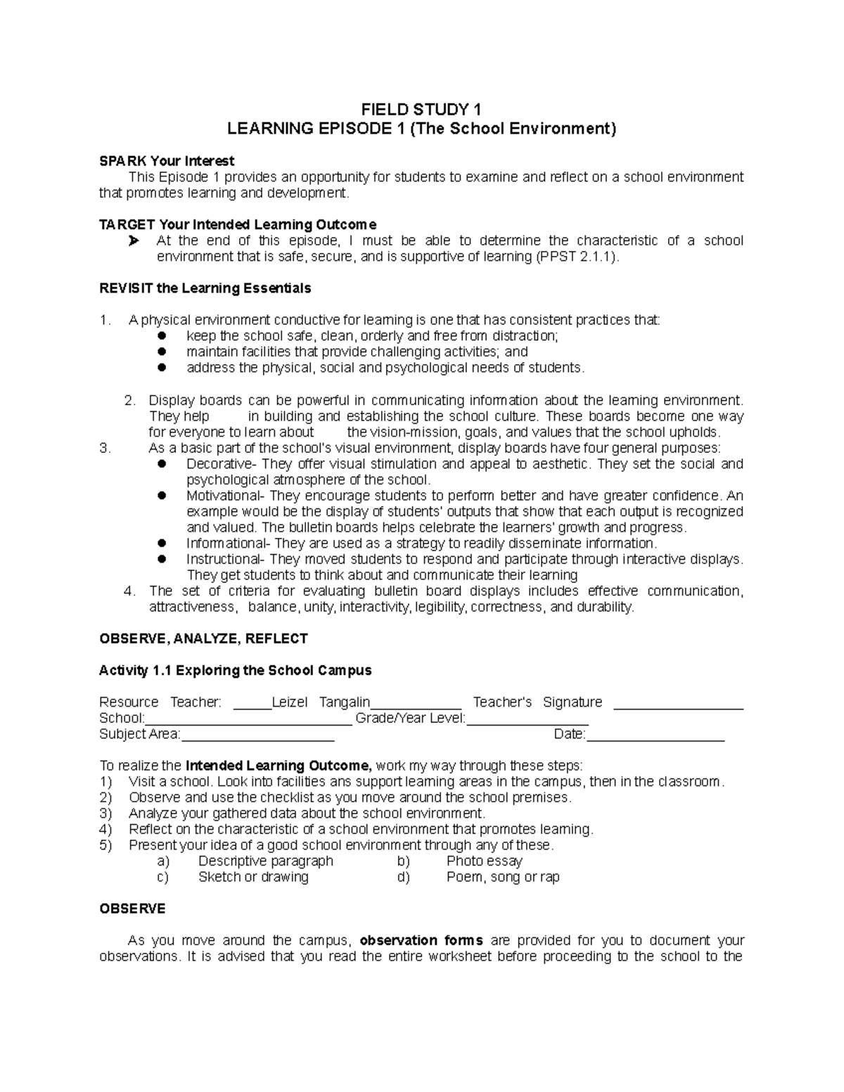 FS-1-Ep - None - FIELD STUDY 1 LEARNING EPISODE 1 (The School Environment) SPARK Your Interest ...
