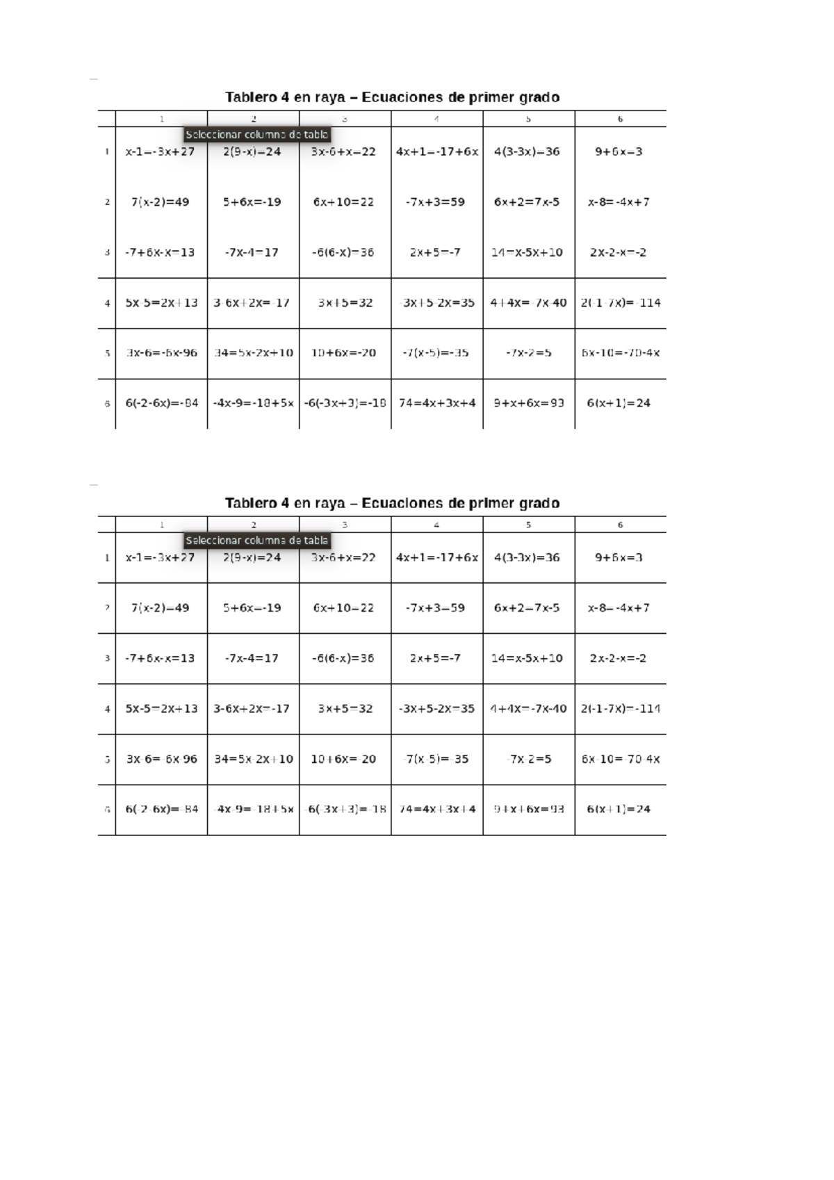 Tablero 4 raya ecuaciones - Matemáticas Orientadas a las Enseñanzas ...