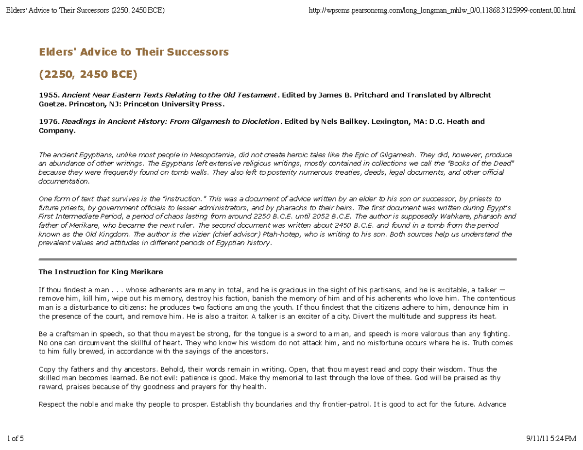 Elders Advice to Their Successors (2250, 2450 BCE) - Ancient Near ...