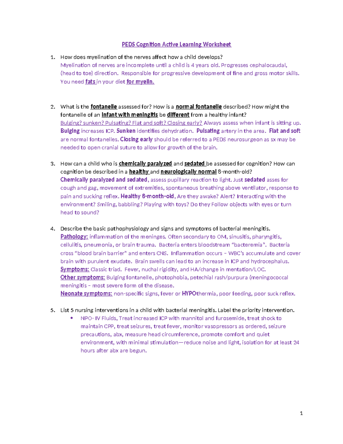 Peds Cognition Active Learning Worksheet - PEDS Cognition Active ...