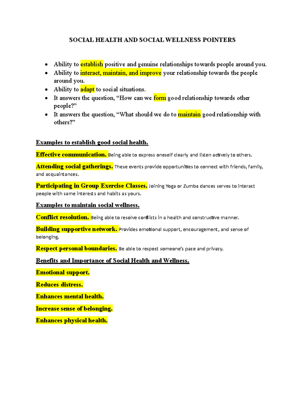 Social Health AND Social Wellness Pointers - SOCIAL HEALTH AND SOCIAL ...