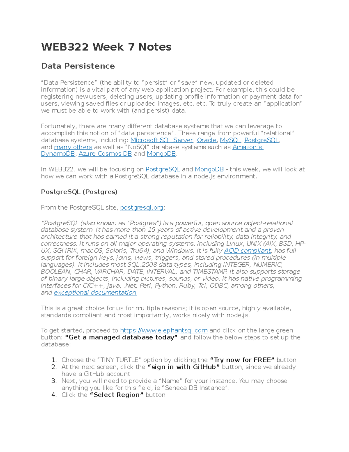 WEEK 7 WEB 322 Notes - WEB322 Week 7 Notes Data Persistence “Data ...