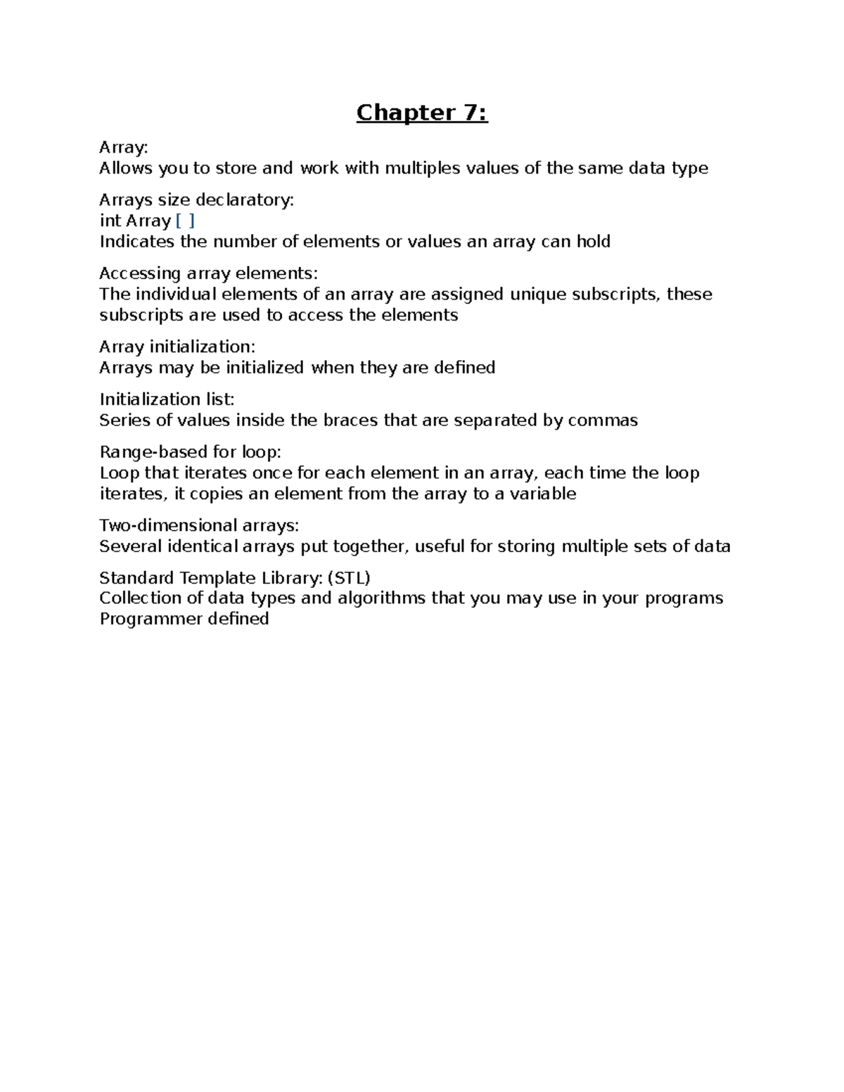 Chapter 7 Summary Imperative Programming Chapter 7 Array Allows You To Store And Work With