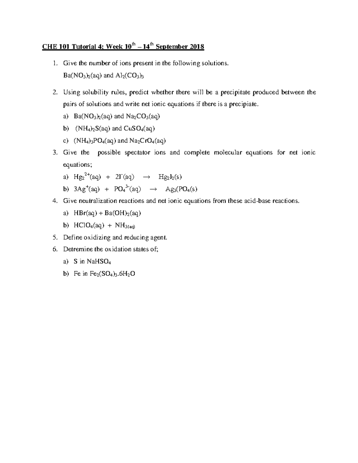 CHE 101 Tutorial 4 Week 10 - 14th September 2018 - CHE 101 Tutorial 4 ...