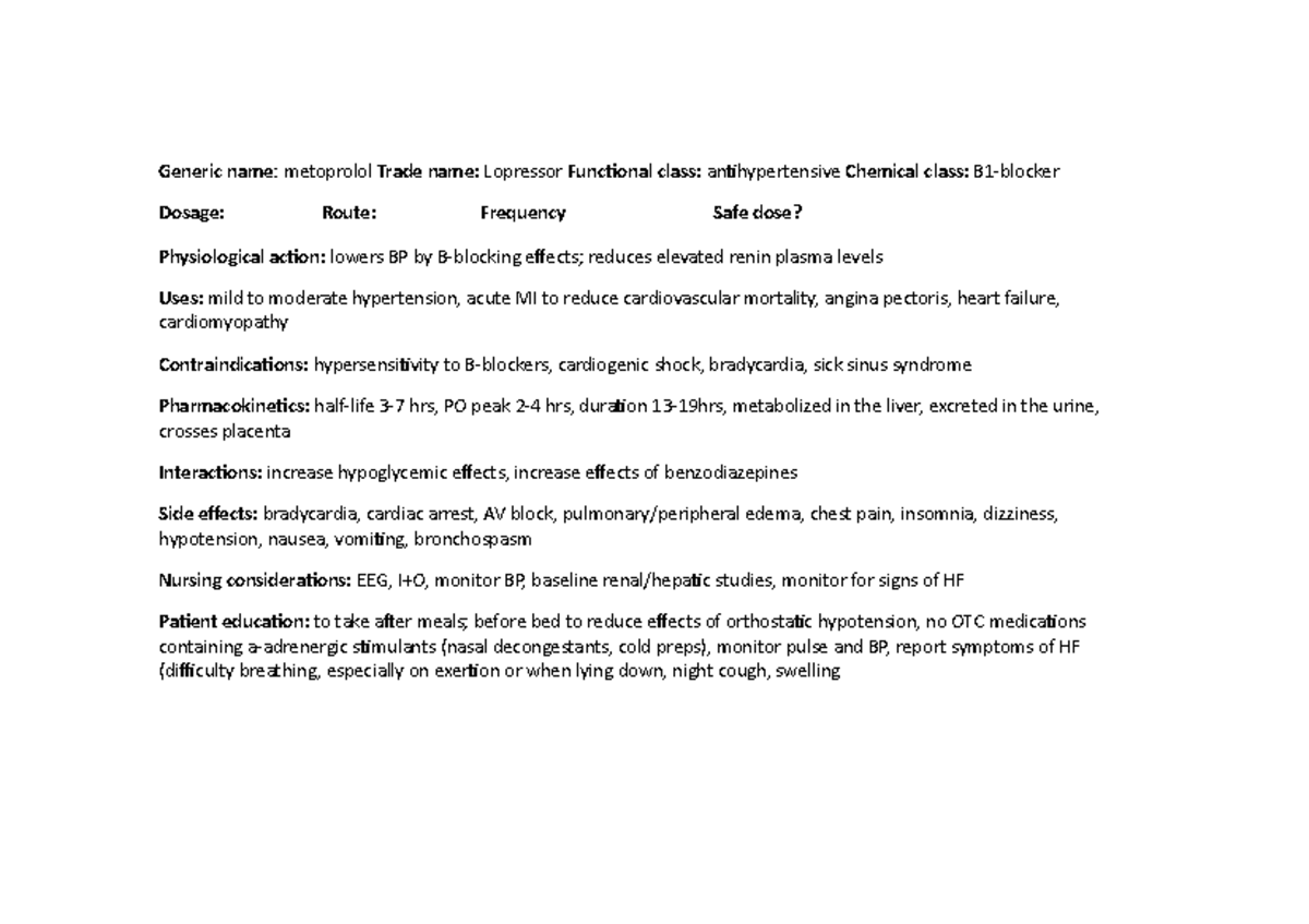 Medication cards for OB - Generic name : metoprolol Trade name ...