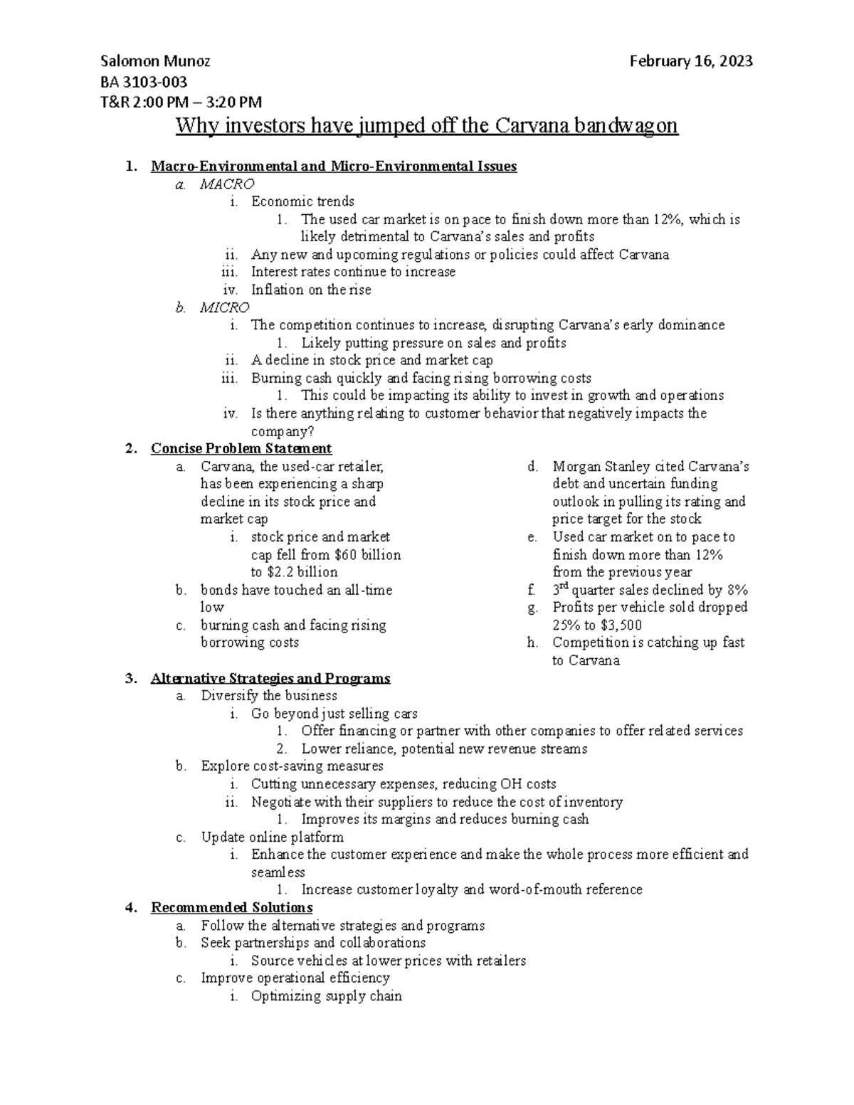 Critical Analysis Outline #1 - Salomon Munoz February 16, 2023 BA 3103 ...