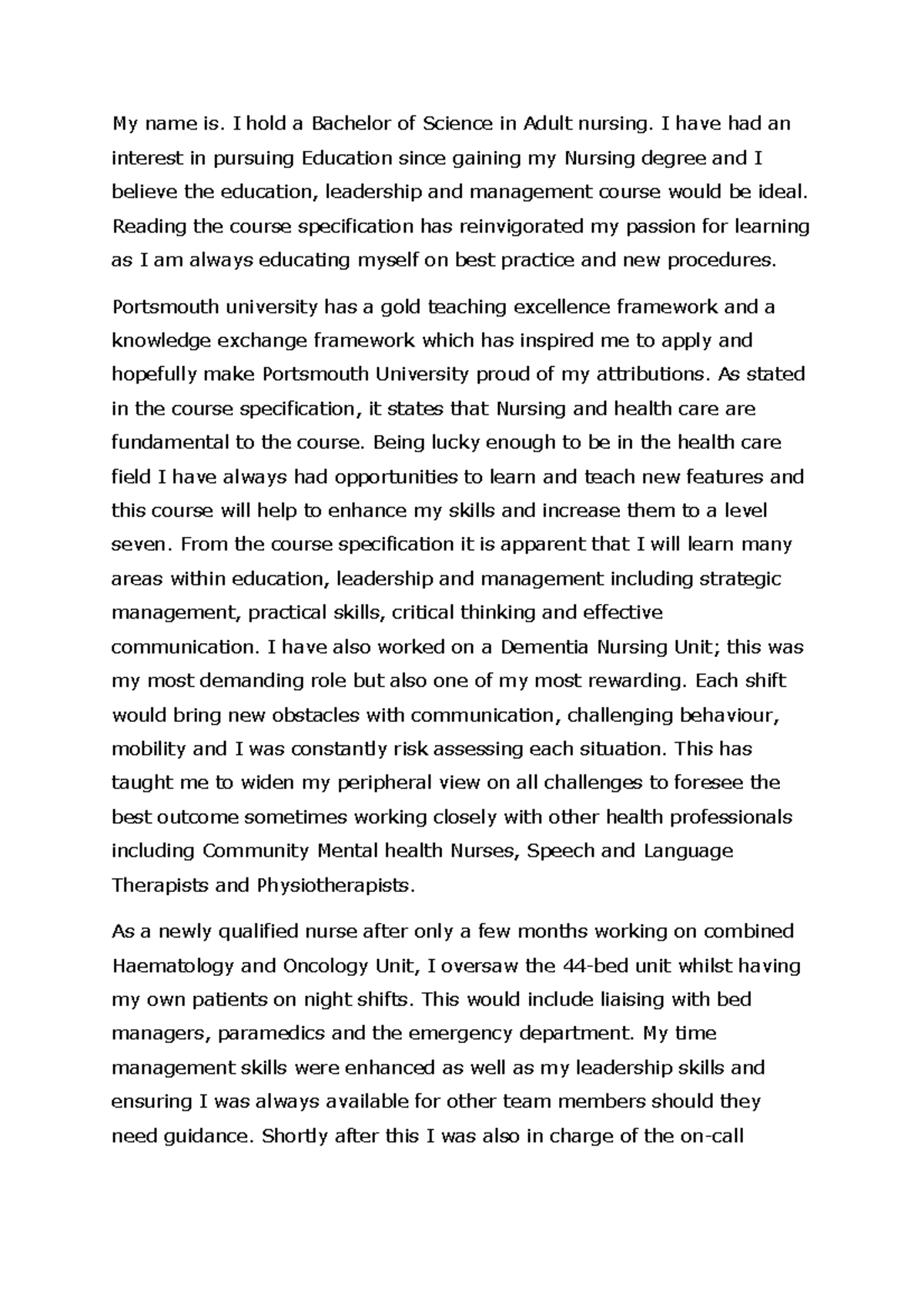 Personal statement for Masters course - My name is. I hold a Bachelor ...