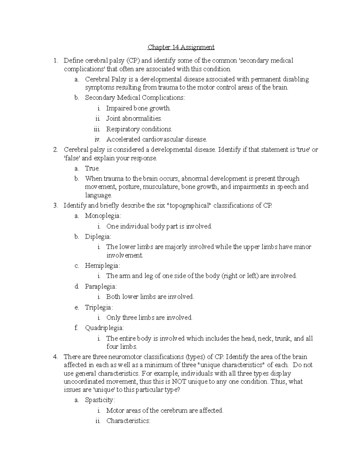 Chapter 12 Assignment (Special Populations) - Chapter 14 Assignment Define cerebral palsy (CP ...