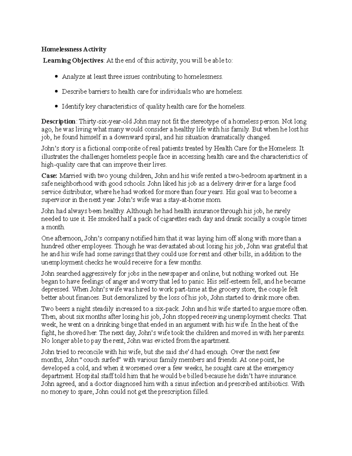 Case Study. Homelessness John - Homelessness Activity Learning ...