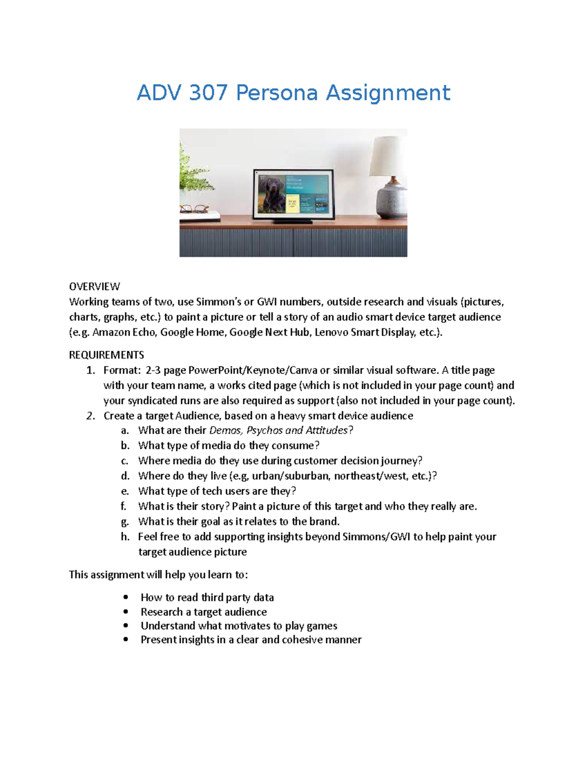 Persona assignment FALL2022 - ADV 307 Persona Assignment OVERVIEW ...