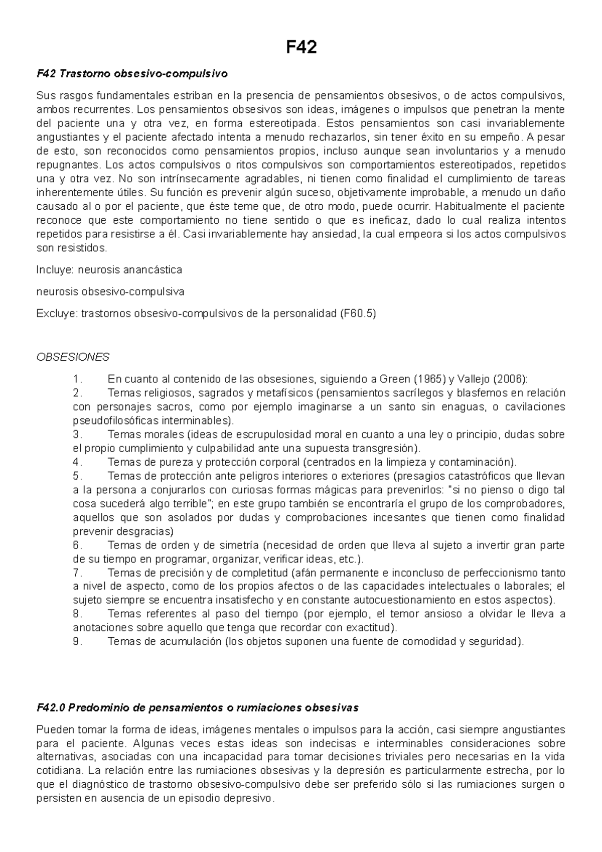 F42 y F43 - Resumen de lo que se refiere a los cuadros diagnósticos de ...