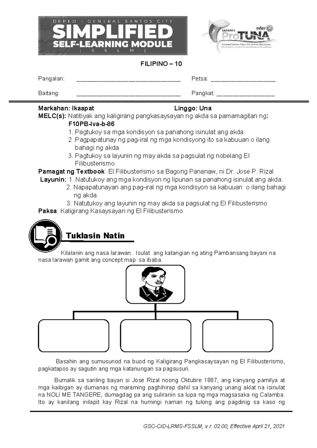 LAS-1 - FILIPINO – 10 Pangalan: ________________________________ Petsa