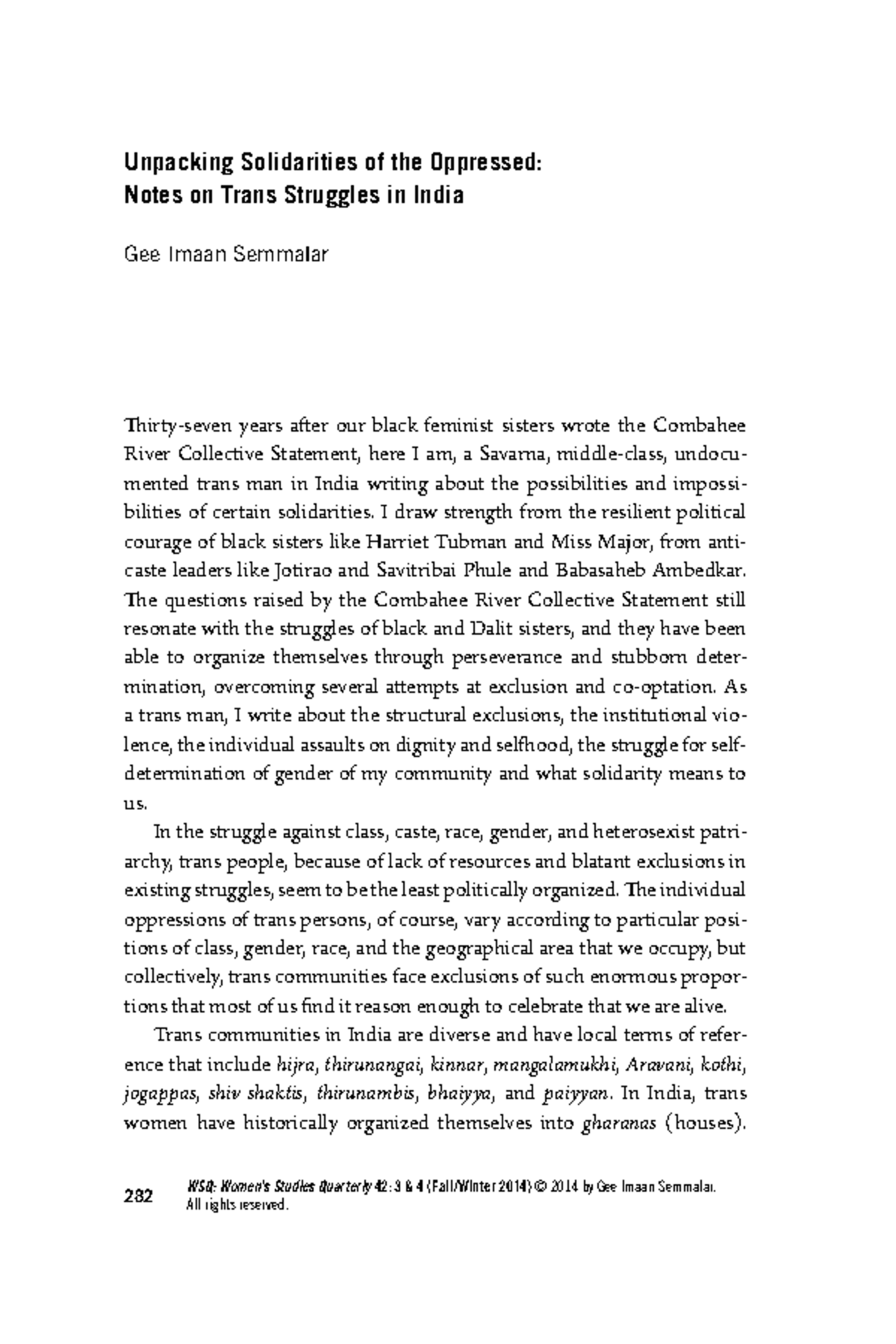 Notes on Trans struggle in India - 282 WSQ: Women’s Studies ...