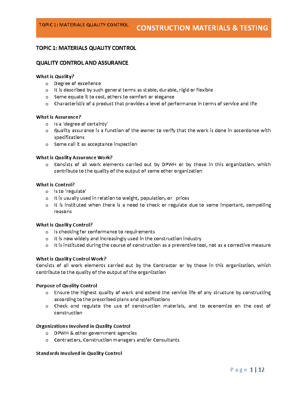 Topic 1 - Materials Quality Control - CONSTRUCTION MATERIALS & TESTING ...