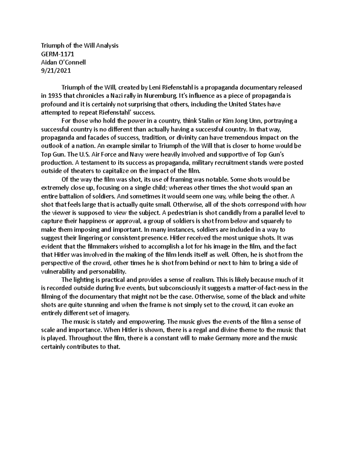 Triumph of the Will Analysis - Triumph of the Will Analysis GERM- Aidan ...