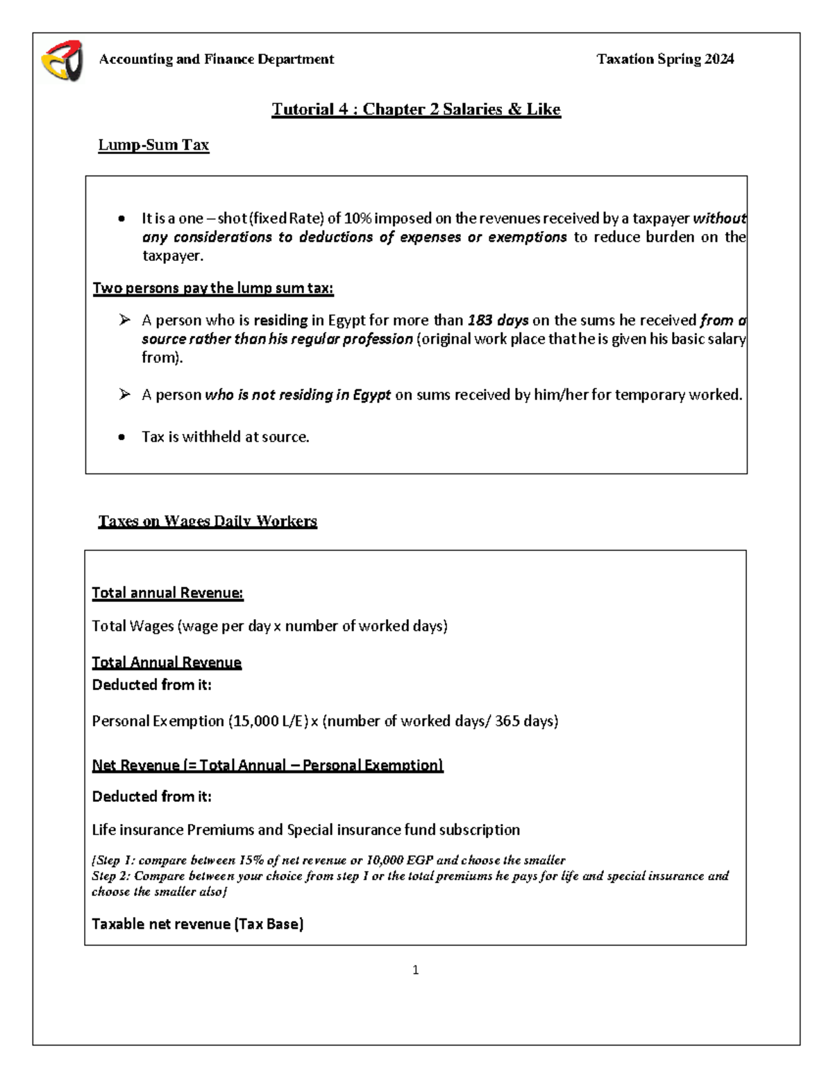 Tutorial sheet 4 - Tutorial 4 : Chapter 2 Salaries & Like Lump-Sum Tax ...